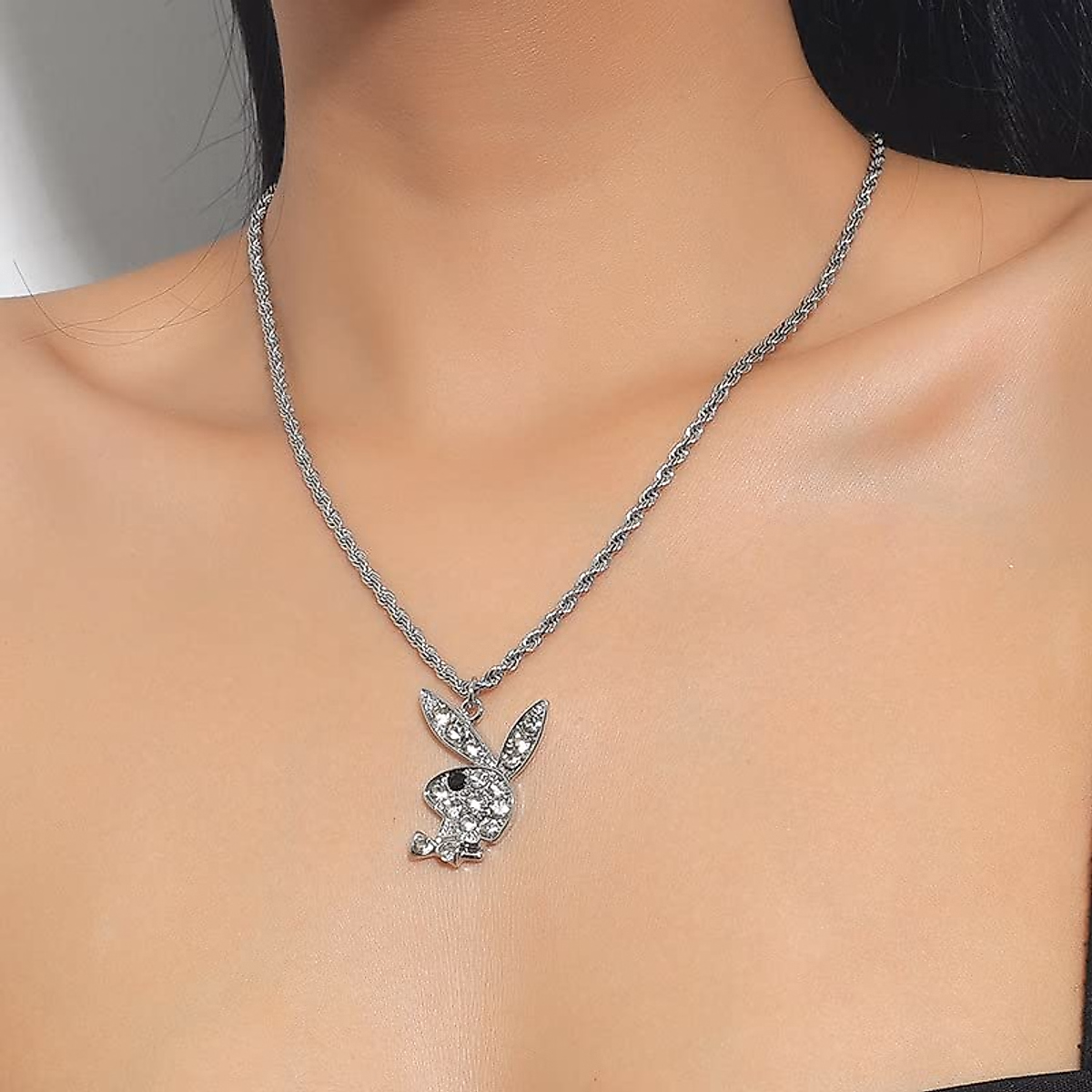 Hohamn Bunny Pendant Necklace Silver Bunny Necklace Play Boy Rabbit Charm Pendant Necklace For Women men Surgical Steel Playboy Bunny Pendant Necklace