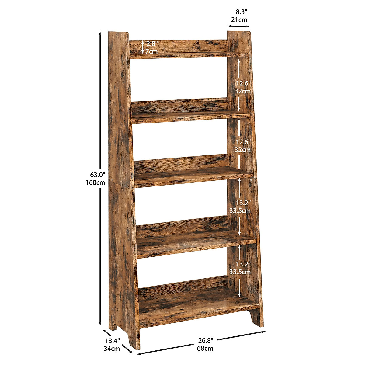 IRONCK Bookshelf and Bookcase, Industrial 5 Tier Wood Ladder Shelf, for Home Office, Living Room, Bed Room, Vintage Brown