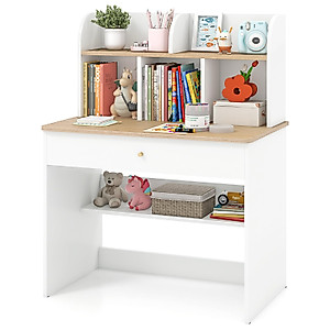 HONEY JOY White Kids Desk, Wooden Children School Study Table with Hutch, Pull-Out Drawer, Storage Shelves, Student Writing Desk Computer Workstation for Bedroom, 3+ Years Old