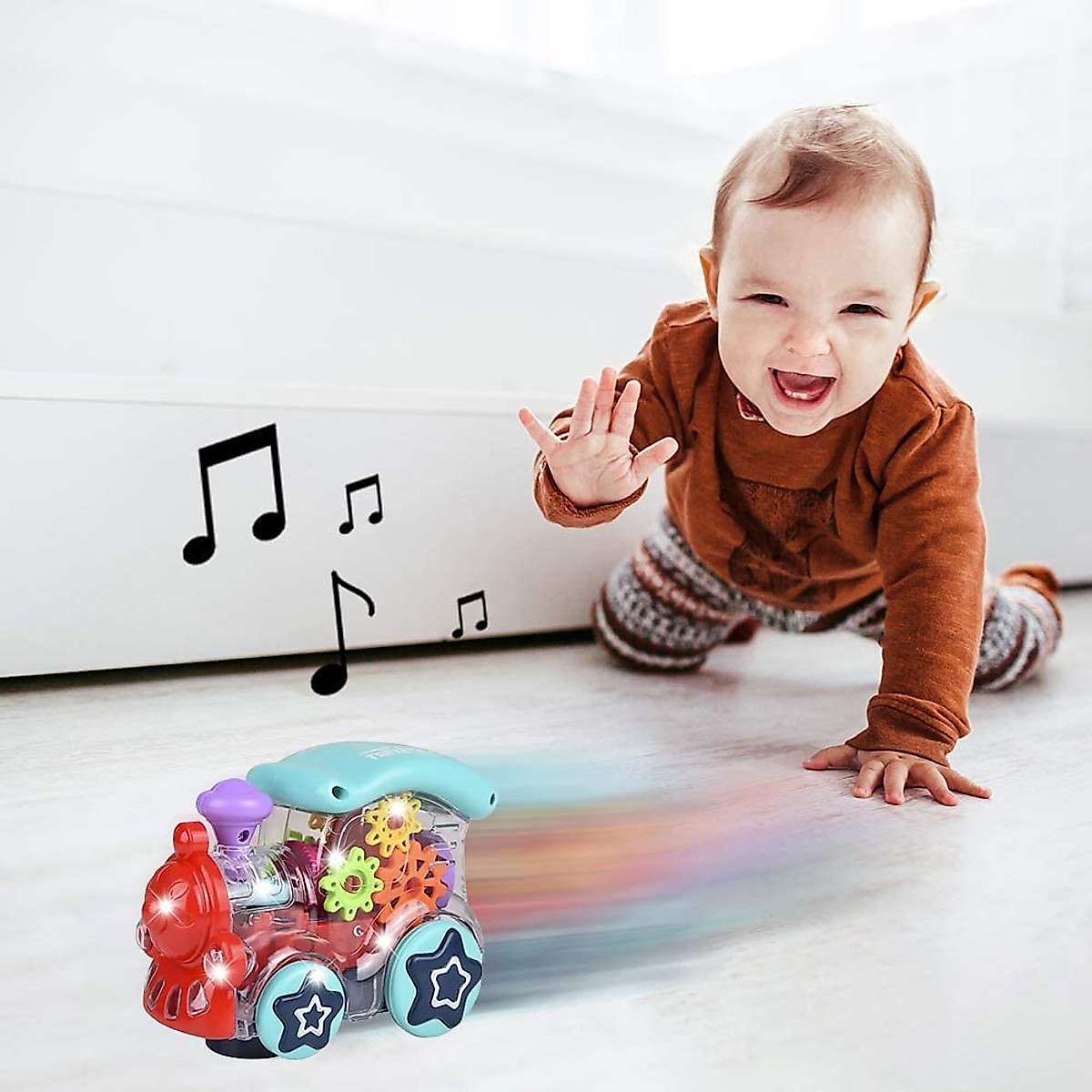 ArtCreativity Light Up Transparent Toy Train for Kids, 1PC, Bump and Go Toy Car with Colorful Moving Gears, Music, and LED Effects, Fun Educational Toy for Kids, Great Birthday Gift Idea