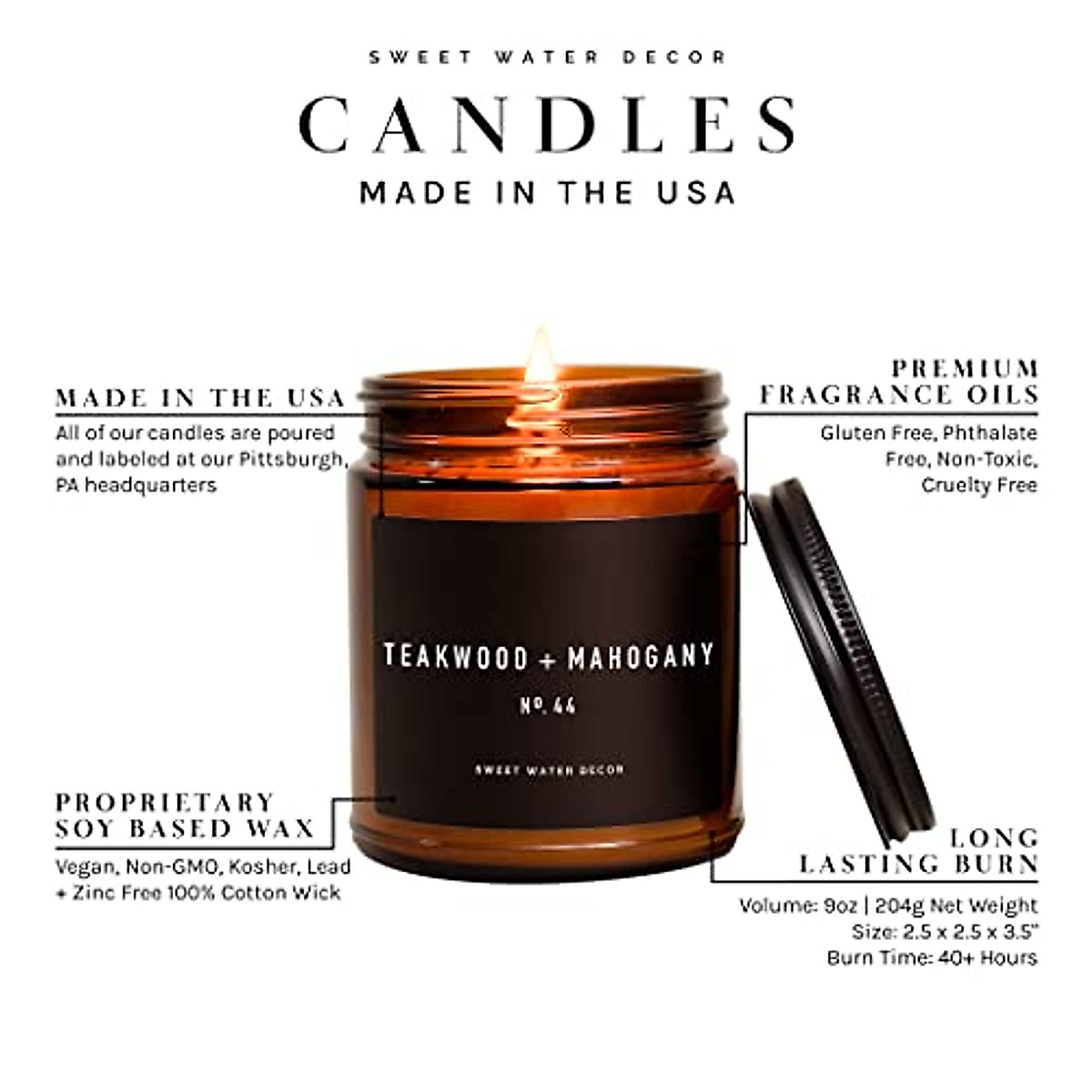 Sweet Water Decor Teakwood + Mahogany Candle | Lavender Geranium Wood Scented Soy Candles for Home | Gifts for Women, Men, Housewarming | 9oz Amber Jar, 40 Hour Burn Time