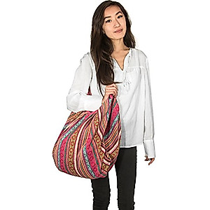 Pink Jacquard Cotton Shoulder Travel Canvas Tote Bag Hobo Style Casual Market Purse Handbag