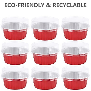 DEAYOU 100 Pack Aluminum Foil Ramekins with Lids, 5oz Muffin Cupcake Baking Liners Cups, 3" Round Disposable Recyclable Tart Pie Tin Pan Holder for Pudding, Party, Wedding, Oven Freezer Safe, Red