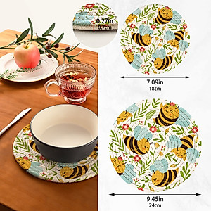 Summer Flowers Honey Bee Kitchen Trivet Mat 2Pcs Cartoon Bumble Bee Insects Pot Holders Cotton Woven Trivets Round Hot Pads Coasters for Cooking and Baking House Dinner