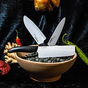 Kyocera Advanced Ceramic Revolution Series 6-inch, Chef's Santoku Knife, Black Handle, White Blade , 6 Inch - FK-160 WH