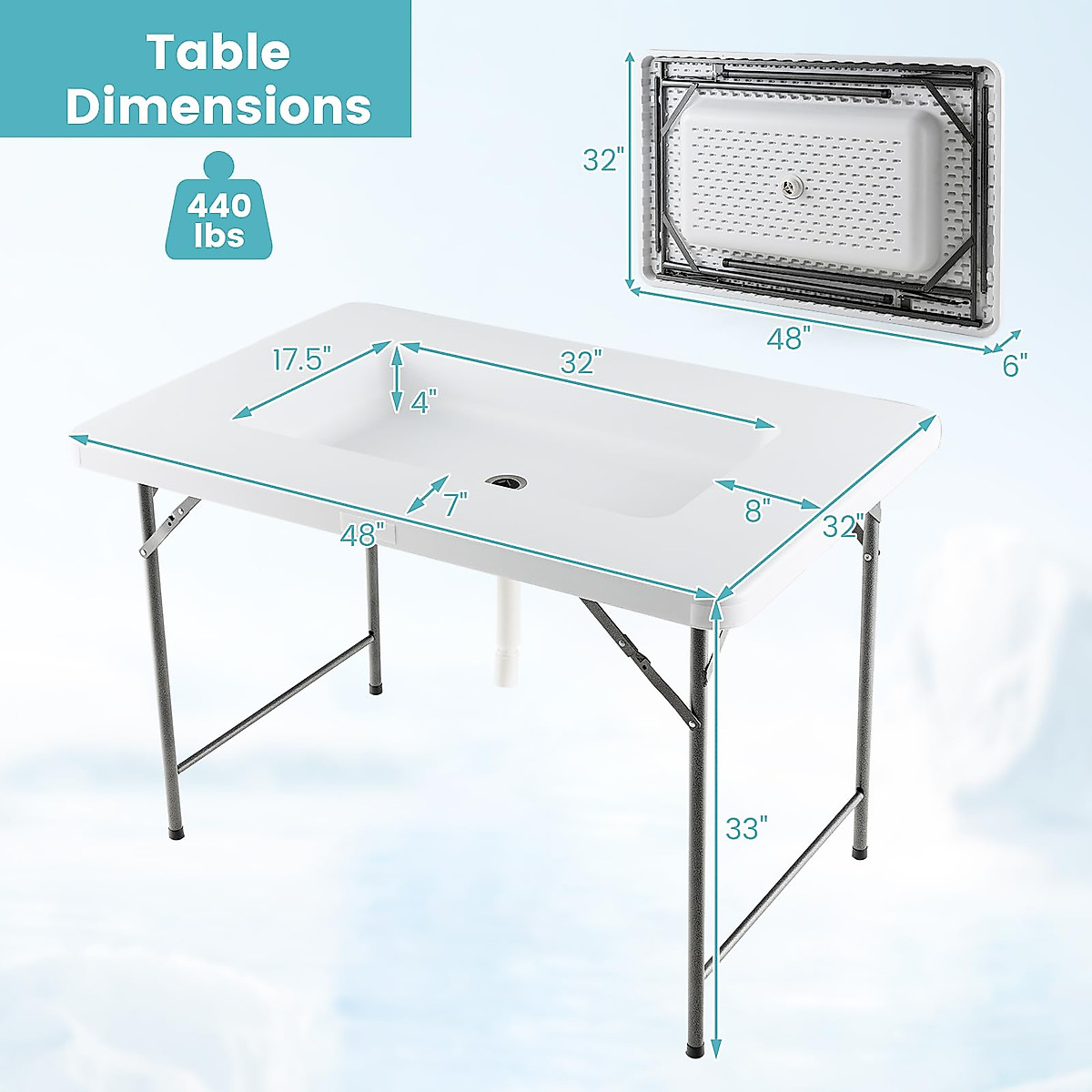 KOTEK Folding Ice Cooler Table with Drain and Skirt, Foldable Beverage Cooler Table Buffet Salad Cooler Server with Edge, Portable Chill Table for Party, Wedding, Picnic, Camping