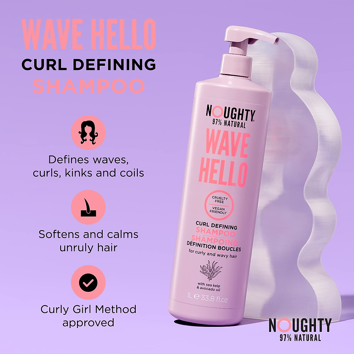 Noughty Wave Hello Curl Defining Shampoo (1L) - Vitamin Rich Formula for Curly and Wavy Hair, 97% Natural, Sulphate Free, Vegan