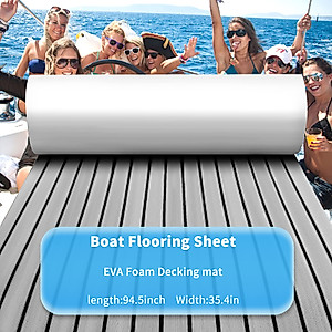 Boat Flooring EVA Foam Faux Teak Marine Mat Self-Adhesive Decking Sheet Non Slip Carpet for Motorboat RV Yacht Kayak Surfboard Deckinging (35in x 94in Grey with Black Seam Lines)