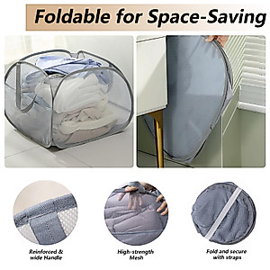 YTEACIUL 2Pcs Collapsible Laundry Baskets,Gray Mesh Pop Up Laundry Basket,Space-Saver with Side Pocket,Portable & Versatile Bathroom and Home Organizer for Laundry and Storage (90L)