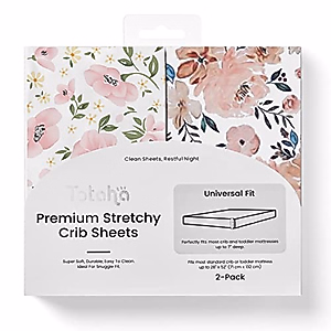 TotAha Premium Stretchy Crib Sheets (2-Pack)-Hypoallergenic, Silky Comfort, Buttery Soft, Calming Effect, All-Season Jersey-Knit Sheets, 9'' Extra Deep Pocket(Meredith Allover Floral & Pale Pink)