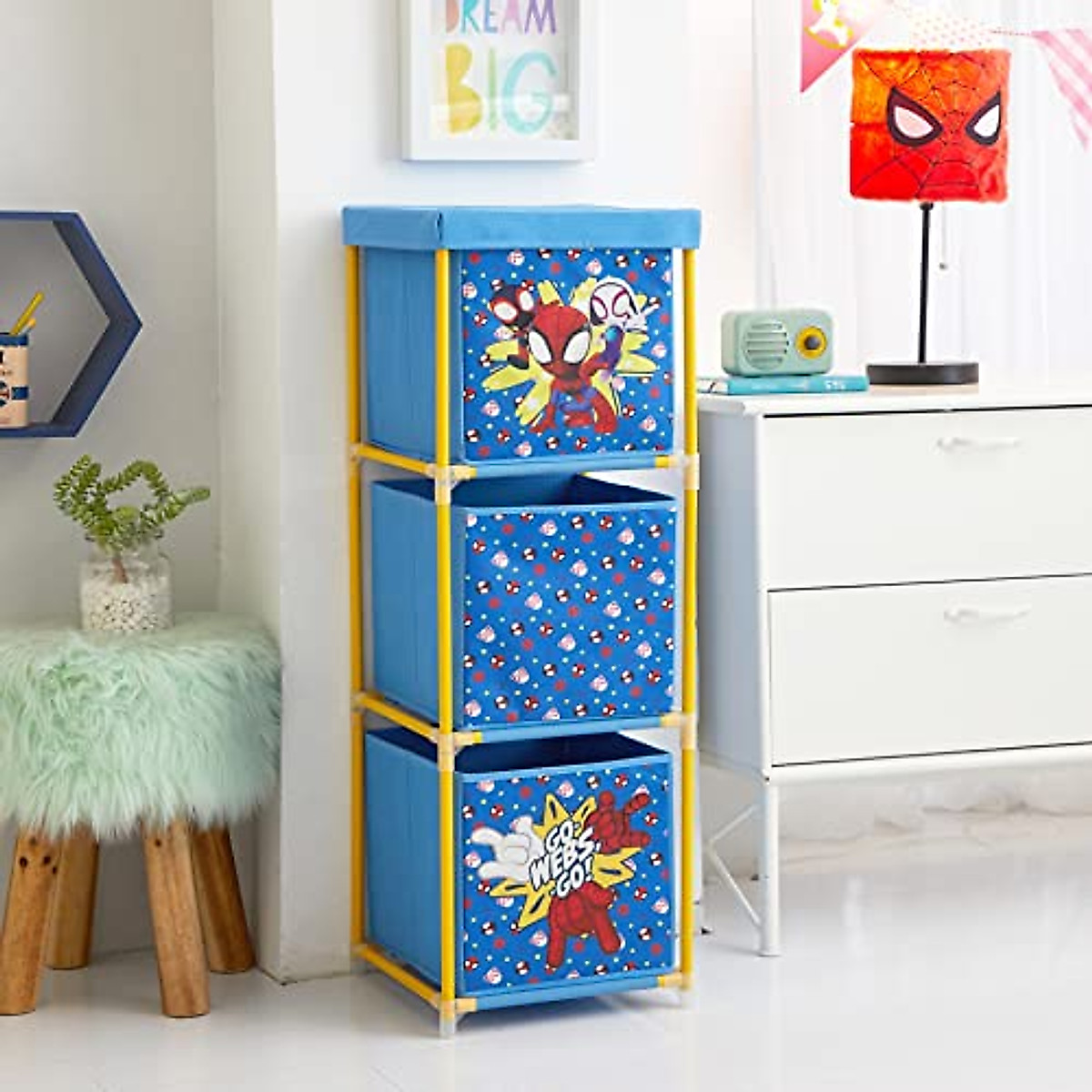 Idea Nuova Marvel Spidey and His Amazing Friends 3 Tier Fabric Storage Organizer with 3 Cubes and Removable Lid
