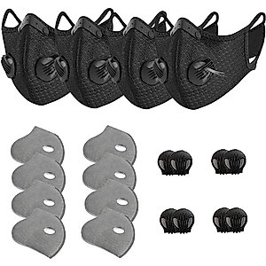 NUENUN 5 Pack Unisex Adjustable Reusable Washable Dust Protect Mouth Cover with 10 Carbon Filters and 10 Breathing Valves for Bicycle Running Riding Cycling Outdoor Sport Black