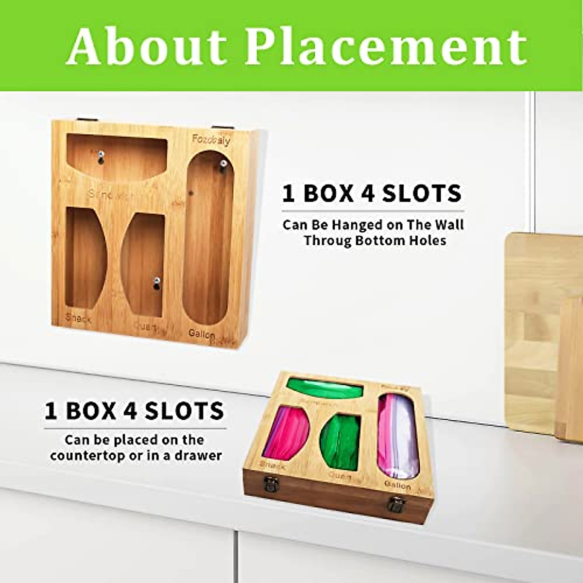 Ziplock Bag Organizer,Bamboo Plastic Bags Container Boxs Dispenser With Lid For Kitchen Drawer,Can Wall Mount And Stand Suitable For Food Sandwich Gallon Baggie Quart Snack Variety Size Bag(Brown)