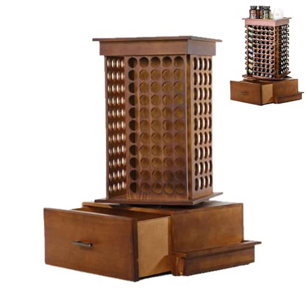 Oil Life - Premium Rotating Wooden Essential Oil Rack with Drawer | Aromatherapy Storage Solution for 182 Bottles | Display Holder for All 15ml Essential Oil Brands (Bottom Drawer Included)