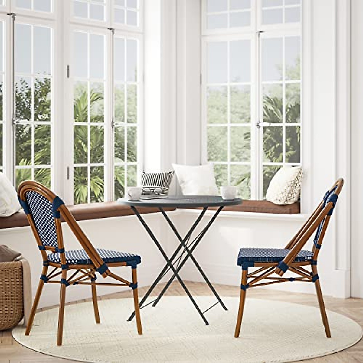 Flash Furniture Bordeaux Set of 2 Indoor/Outdoor Commercial Bistro Stack Chairs - Navy/White PE Rattan Back and Seat - Natural Bamboo Print Aluminum Frame