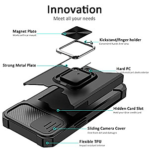 Nvollnoe for iPhone 13 Case with Sliding Camera Cover and Card Holder Heavy Duty Protective iPhone 13 Case with Ring Magnetic Kickstand Phone Case for iPhone 13 6.1 inch(Black)