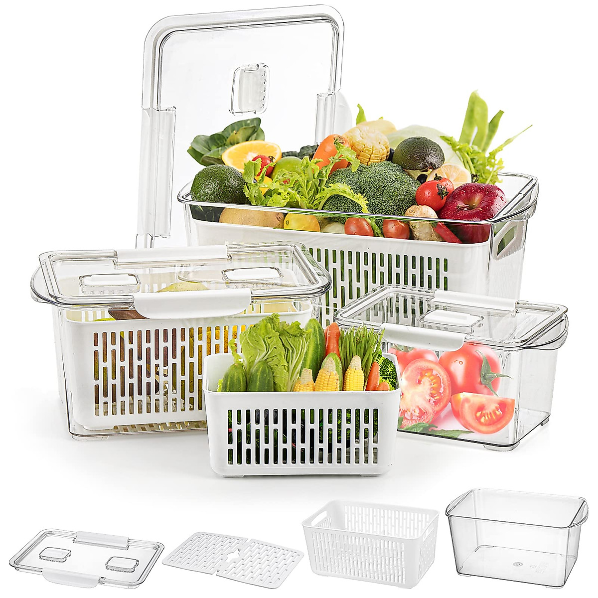 Cedilis 3 Pack Plastic Produce Saver Container, Vegetable Storage Containers for Refrigerator, Fruit Storage Organizer Bins with Divider, Fridge Container Box, White（Not Dishwasher Safe