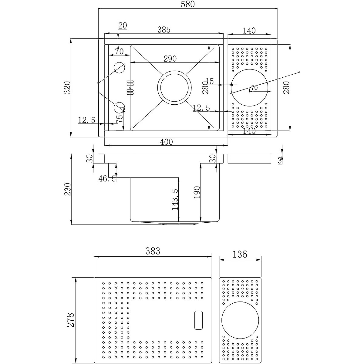 Bronstarz Nano Black 23 Inch Hidden Kitchen/Bar/Cafe/RV/balcony 304 Stainless Steel Sink with Foldable Faucet and Glass Rinser Set (23 * 12.6 * 8.3 INCH), Large, Bar1-5832-Black