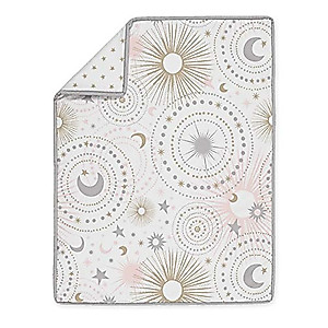 Sweet Jojo Designs Blush Pink Gold Star and Moon Girl Baby Crib Bedding Set for Infant Nursery Room Quilt, Fitted Sheet, Skirt, Diaper Stacker - 5pc - Grey Celestial Sky Stars Gray Shabby Chic