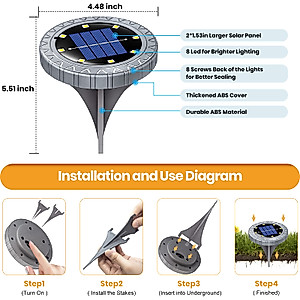 Solar Powered Ground Lights 8 Pack,IP68 Waterproof LED Solar Lights Outdoor Garden Decorative Solar Disk Lights,Solar Landscape Path Lighting for Pathway Yard Walkway Lawn Driveway(Warm White)