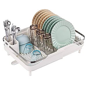 VEVOR Dish Drying Rack, Expandable (11.6"-18.5") Stainless Steel Dish Drainer with Drainboard, Large Capacity Storage Space Saver, Single Tier Cup and Utensil Holder for Kitchen Counter Over The Sink