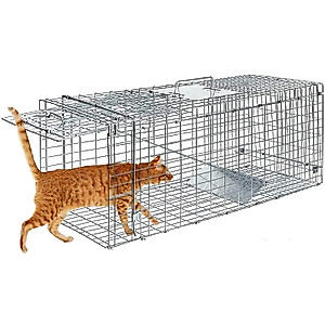Large Animal Trap for Adult Cat, Rabbit Groundhog Squirrel Raccoon Mole Gopher Chicken Opossum Skunk Chipmunk, 32inch Live Traps for Animals Outdoor Indoor Collapsible Steel Release Animal Cage