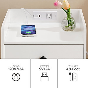 HOOBRO Nightstand with Charging Station, End Table with Drawer and Opening Shelf, Side Table with USB Ports and Outlets, Bedside Table for Bedroom, Small Night Stand Simple Style, White WT18UBZ01