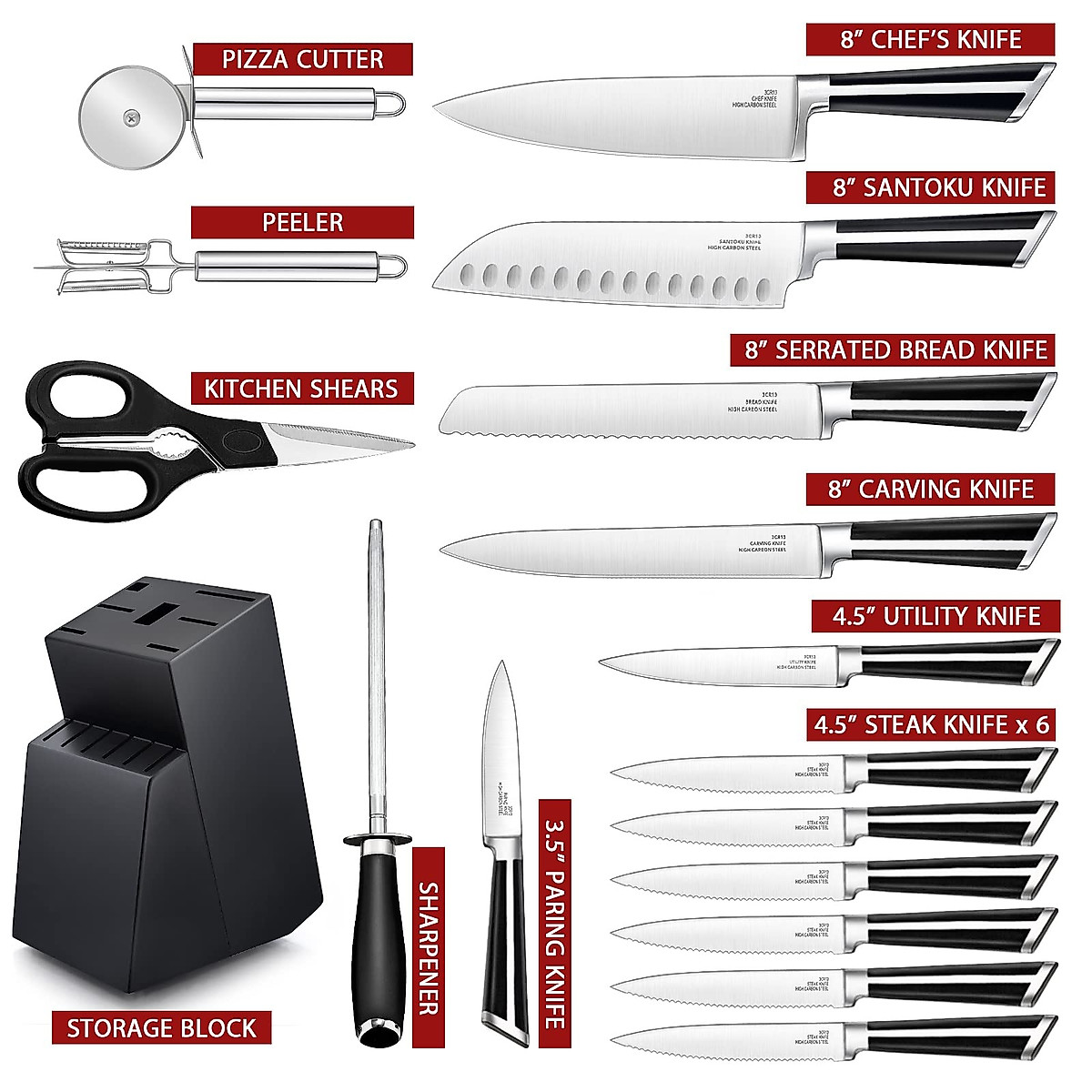 Knife Sets for Kitchen with Block, E-far 17-Piece High Carbon Forged Stainless Steel Knife Set Includes Chef Utility Paring Steak Serrated Bread Santoku Knife Sharpener - Full Tang Design