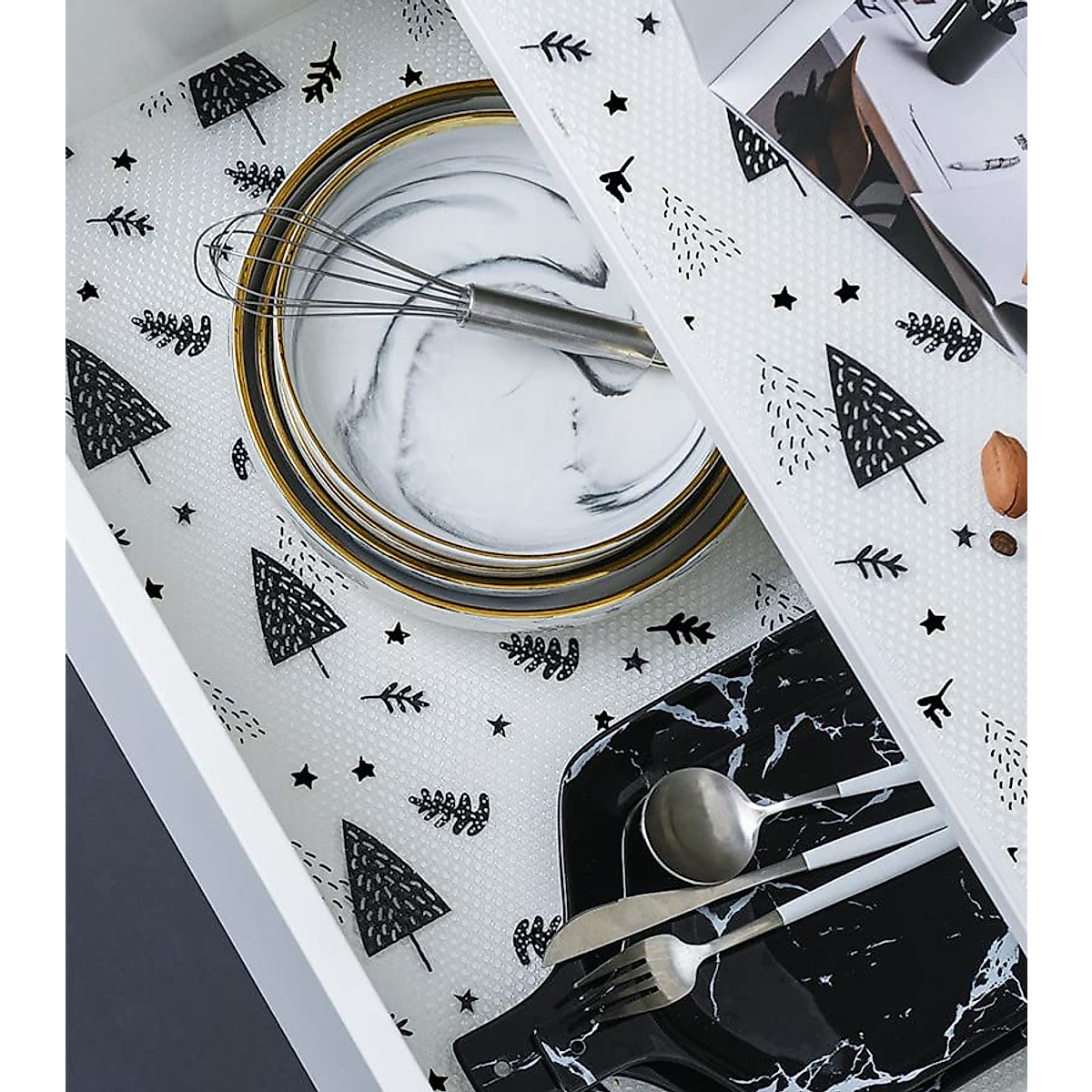 Waterproof Shelf Liner Cover Non Slip Non Adhesive Flower Printed Cabinets Liners for Kitchen Drawer Refrigerator 2 Rolls (12 * 94.5 inch) (Forest)