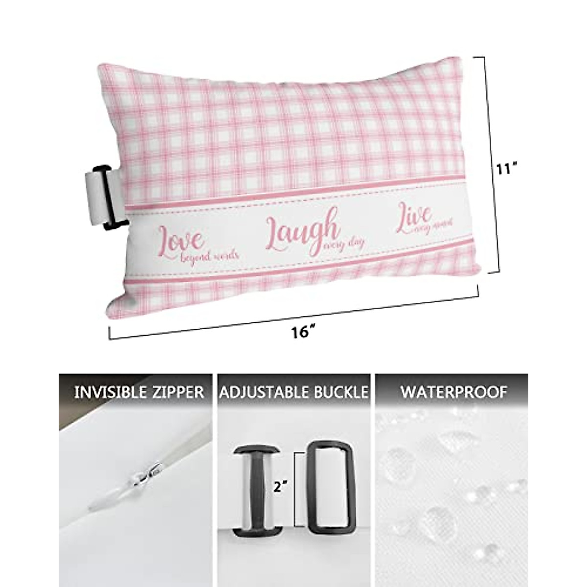 Recliner Head Pillow Ledge Loungers Chair Pillows with Insert Pink Plaid Love Laught Live Lumbar Pillow with Adjustable Strap Outdoor Waterproof Patio Pillows for Couch Beach Pool Office Chair, 2 PCS