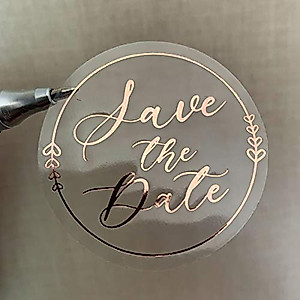 100 x Save the Date Stickers, Rose Gold Foil Stickers, Transparent Foil Labels, Gold Rose Stickers, Calligraphy Wedding Labels, Foil Labels, 1.6 inch (Rose Gold)
