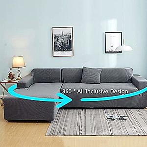 TVPFM Velvet Plush L Shape Sofa Cover L Shape Sectional Couch Cover,1 2 3 4 5 Seater Stretch Sofa Slipcover for Pets Dogs Furniture Protector with Elastic Bottom-Lake Blue 4 Seater 235-30