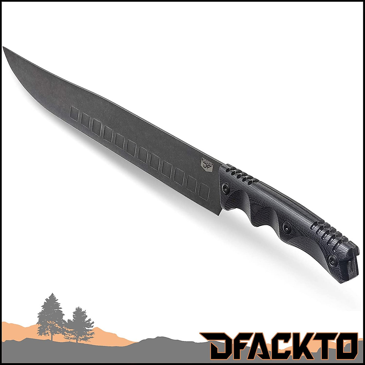 DFACKTO Interceptor 10 Inch Butcher Knife for Camping and Outdoor Kitchen, Stonewashed High Carbon Stainless Steel Black Knife, Full Tang Tactical G10 Handle, BBQ Utensil Cutlery