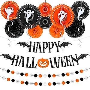 KatchOn, Halloween Party Decoration Set - Pack of 17 | Halloween Pompom, Happy Halloween Garlands | Halloween Party Hanging Decorations | Halloween Hanging Swirls for Halloween Ceiling Decorations