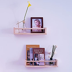 PMLYQ 2 Pack Wood Floating Nursery Shelves,Kitchen Spice Rack,Book Shelf Organizer (Natural Wood No Paint)