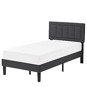 VECELO Twin Size Upholstered Bed Frame with Height Adjustable Fabric Headboard, Heavy-Duty Platform Bedframe/Mattress Foundation/Strong Wood Slat Support/No Box Spring Needed, Dark Gray