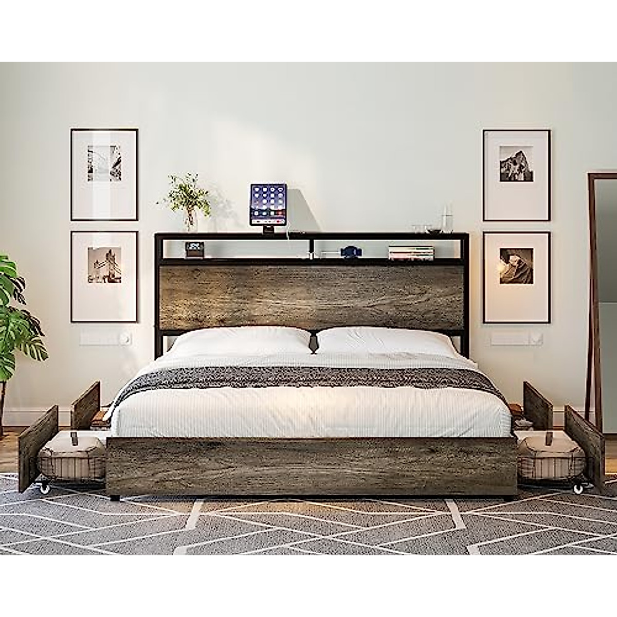 LUXOAK King Size Bed Frame with 4 Storage Drawers, Wooden Platform Bed with 2-Tier Storage Headboard and Charging Station, No Box Spring Needed/Noise Free/Rustic Grey