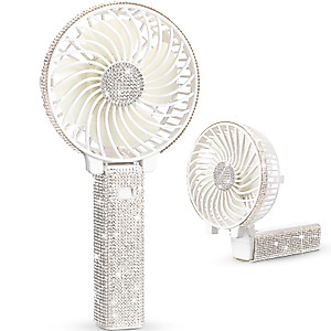 Mudder Crystal Bling Rhinestone Mini Handheld Fan Portable Usb Rechargeable Fan Battery Operated Small Folding Personal Fan for Girls Women Outdoor Travel Indoor Makeup Office (White,Classic Style)