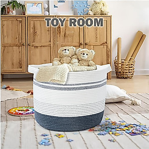 Homify Blanket Basket 100% Cotton Rope Woven Baskets for Storage 22"x14" 90L XXX-Large Laundry Basket with Soft Handle Rope Basket for Living Room, Toy, Pillow & Clothes - Gray & White