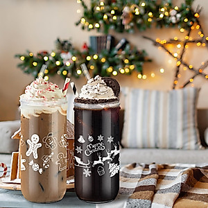 Zhehao 6 Pack Christmas Glass Cups 24 oz Christmas Mason Jars with Lids and Straws Christmas Tumbler Drinking Glasses Beer Can Shaped Coffee Cups for Wine Tea Water Xmas Decorations Gift
