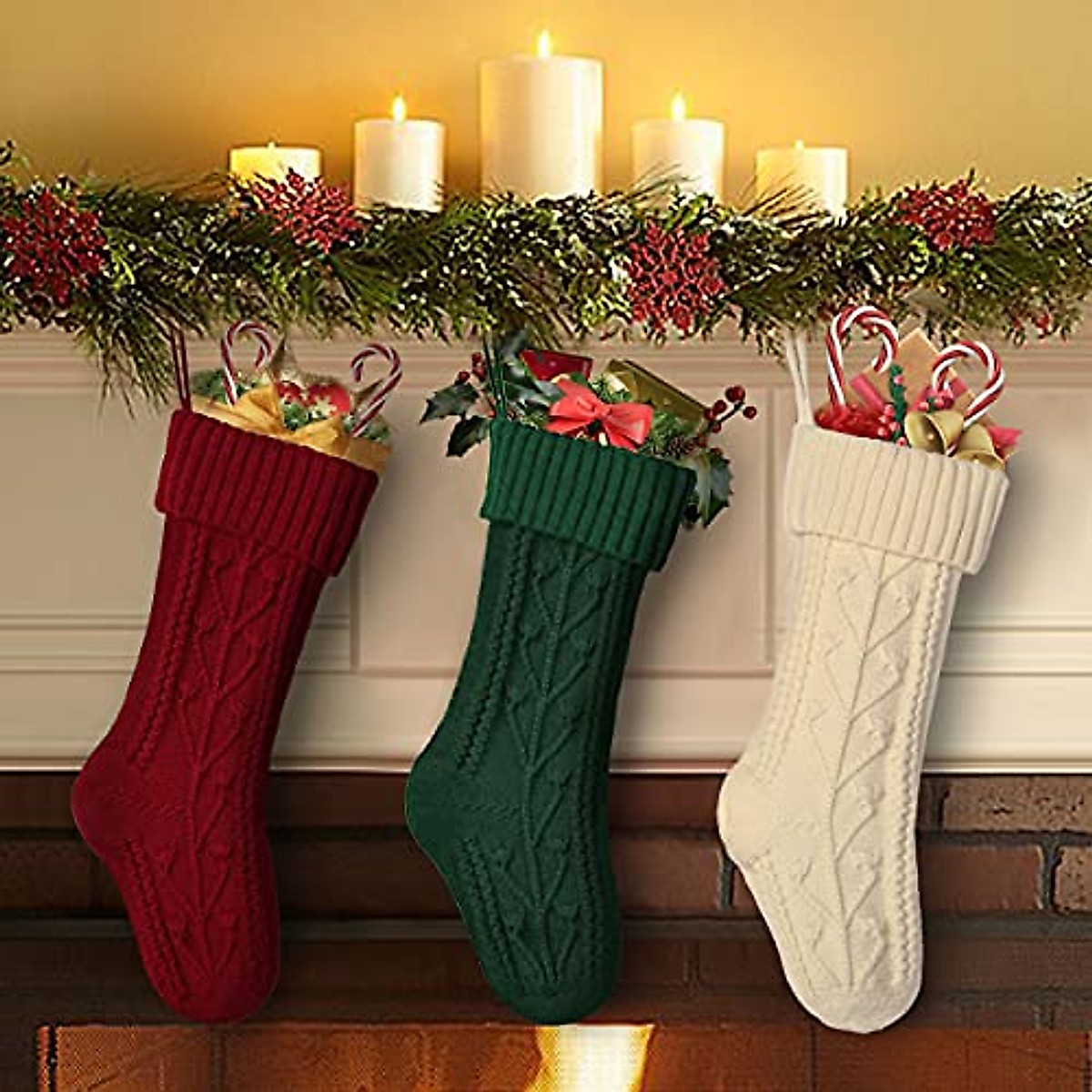 Bellivera Christmas Stockings 3 Pack Large Size Cable Knitted Xmas Stockings 18 inch Personalized Heart Red & White & Green Hanging Stockings Set for Christmas Decorations