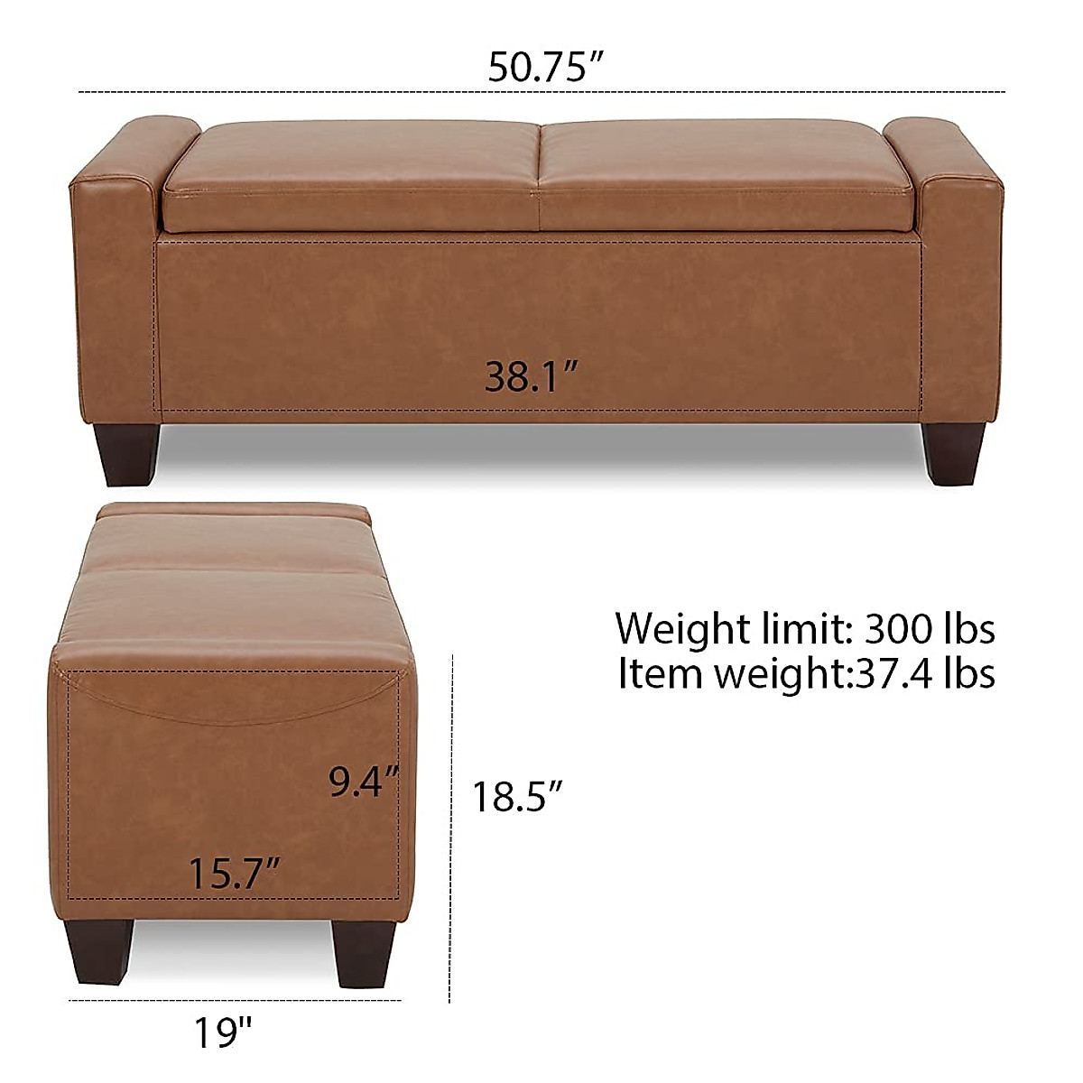 CHITA Storage Ottoman Bench, 51 Inch Long Large Oversized Ottoman Bed for Bedroom Living Room Hallway, Faux Leather in Saddle Brown