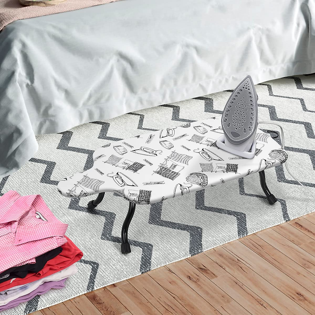 Duwee 15"x30" Table Top Ironing Board Extra Wide with Anti-Rust Hanging Hook and Removable Washable Cotton Cover, Steel Mesh Top Ironing Boards with 10mm Thicken Double Layers Feltpad and Foam,White