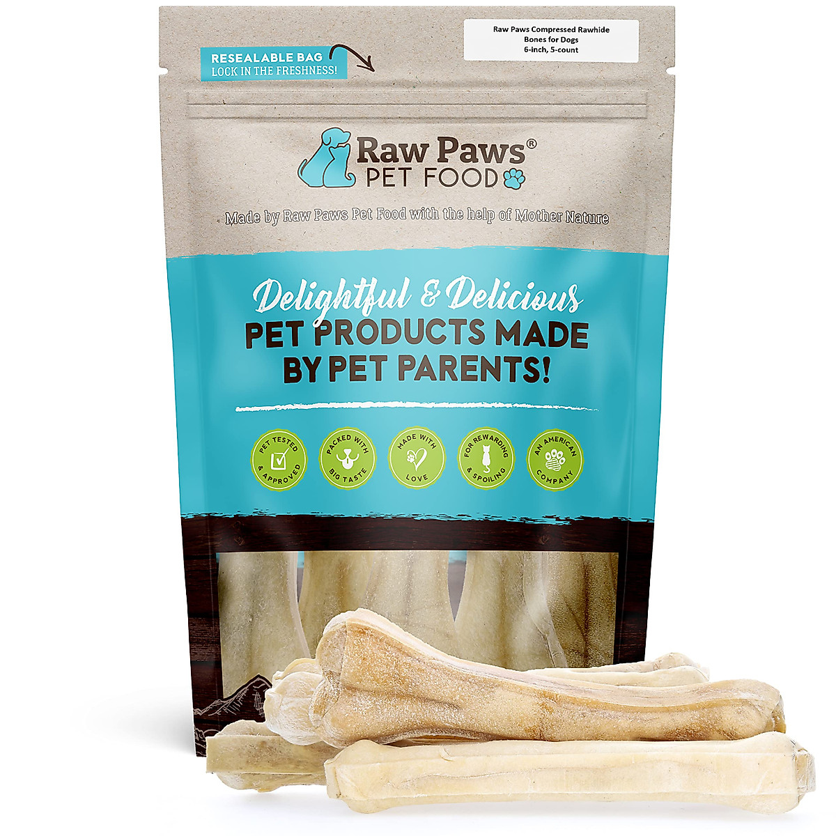 Raw Paws 6-inch Compressed Rawhide Bones for Dogs, 5-Count - Packed in USA - Long Lasting Dog Chews - Natural Pressed Rawhides for Dogs - Medium Dog Bones - Hide Bones for Aggressive Chewers