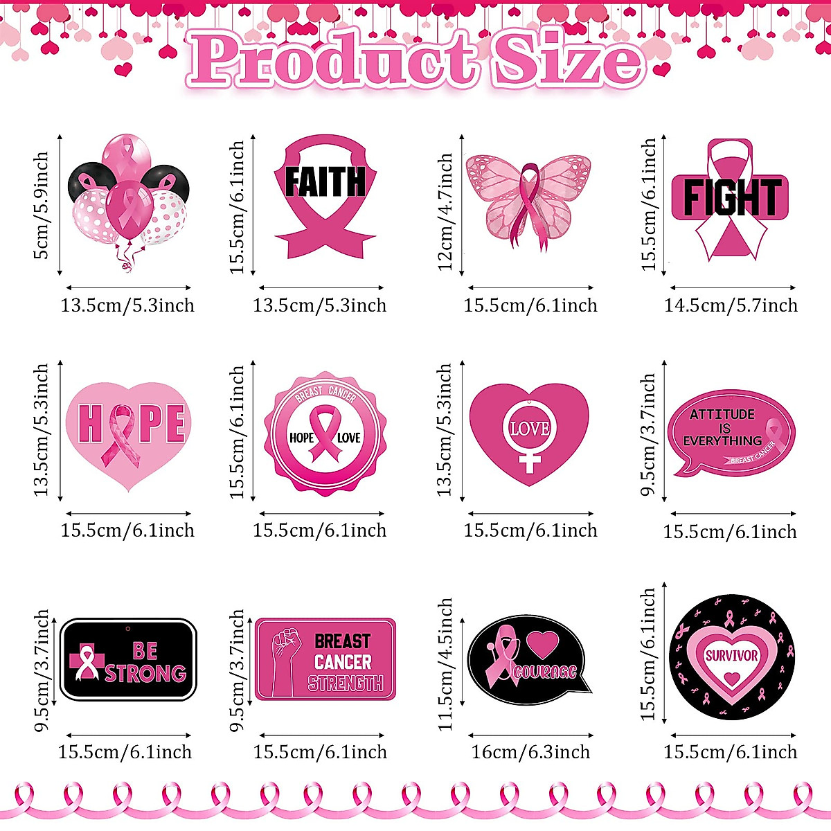 24 Pieces Breast Cancer Awareness Hanging Swirl Decorations Breast Cancer Party Ceiling Decor Pink Ribbon Faith Strength Courage for Charity Theme Party Favors