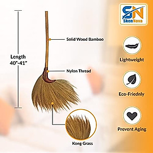 Asian Straw Broom Thai Natural Kong Grass Broom Bamboo Uca Handle for Sweeping Garbage Dust (Kong Grass)