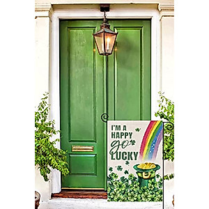 Happy St Patricks Day Garden Flag 12x18 Double Sided,Green Hat with Gold Coin Shamrock Rainbow Small Yard Flag,Spring Saint Patrick Decors for Outside Outdoor Holiday