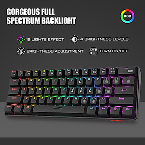 RedThunder 60% Wired Mechanical Gaming Keyboard, 61 Keys Ultra-Compact Keyboard, PBT Keycaps, RGB Backlight for PC (Brown Switch, Black)