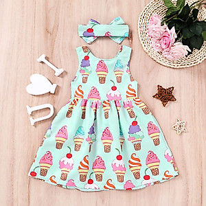 YOUNGER TREE Toddler Dresses Lemon Baby Girls Pineapple Fruit Dress Outfit Summer Girl Dress Spring Sundress (Ice Cream, 2-3 Years)