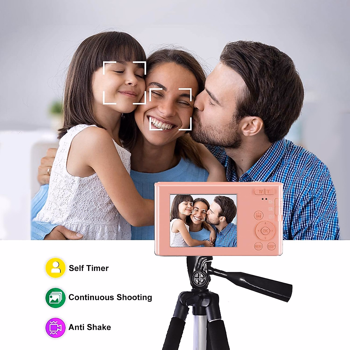 Acuvar 44MP Compact Point & Shoot Digital Camera, 16X Digital Zoom, 2.4 Inch Screen & 32GB SD Card, Card Reader, 6" Tripod & 6PC Card Holder Vlogging Camera for Kids Teens Students Boys Girl (Pink)